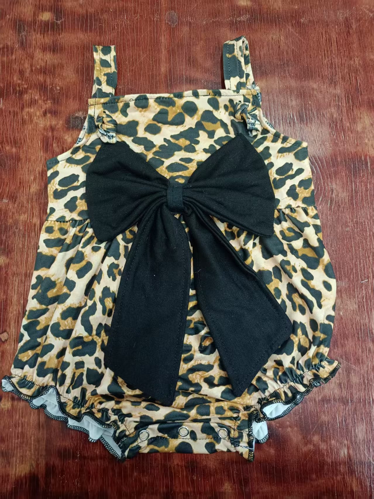 Preorder moq 5 Baby Girls Strap Leopard Black Bow Top Ruffle Rompers – Aier Wholesale