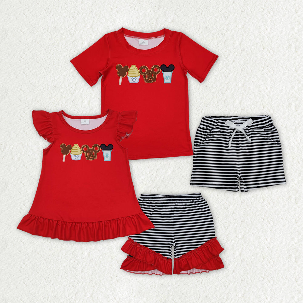 Sibling Boys Baby Girls Red Cartoon Snacks Summer Outfits Sets – Aier Wholesale