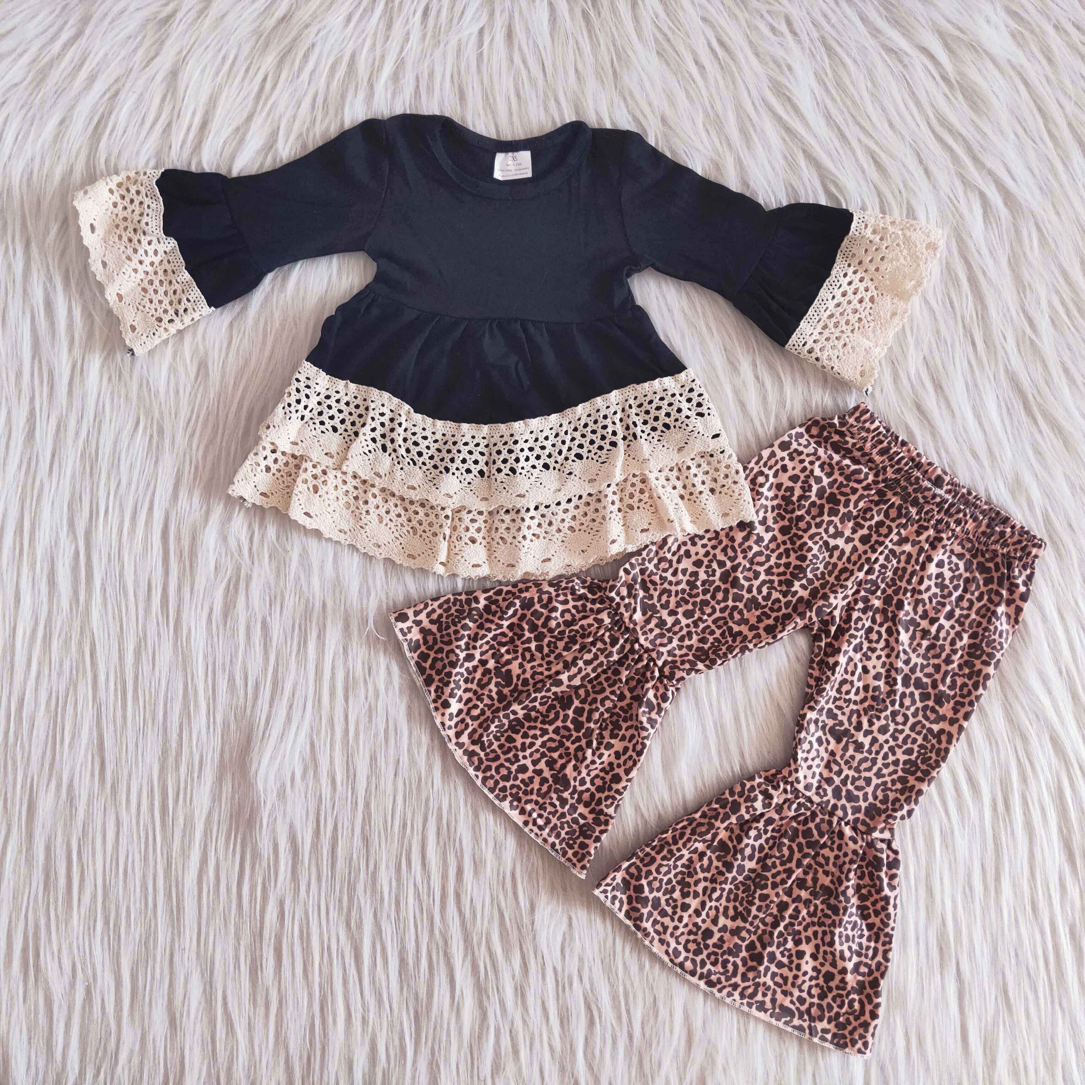 Baby Girls Black Lace Tunic Top Leopard Bell Pants Clothes Sets – Aier Wholesale