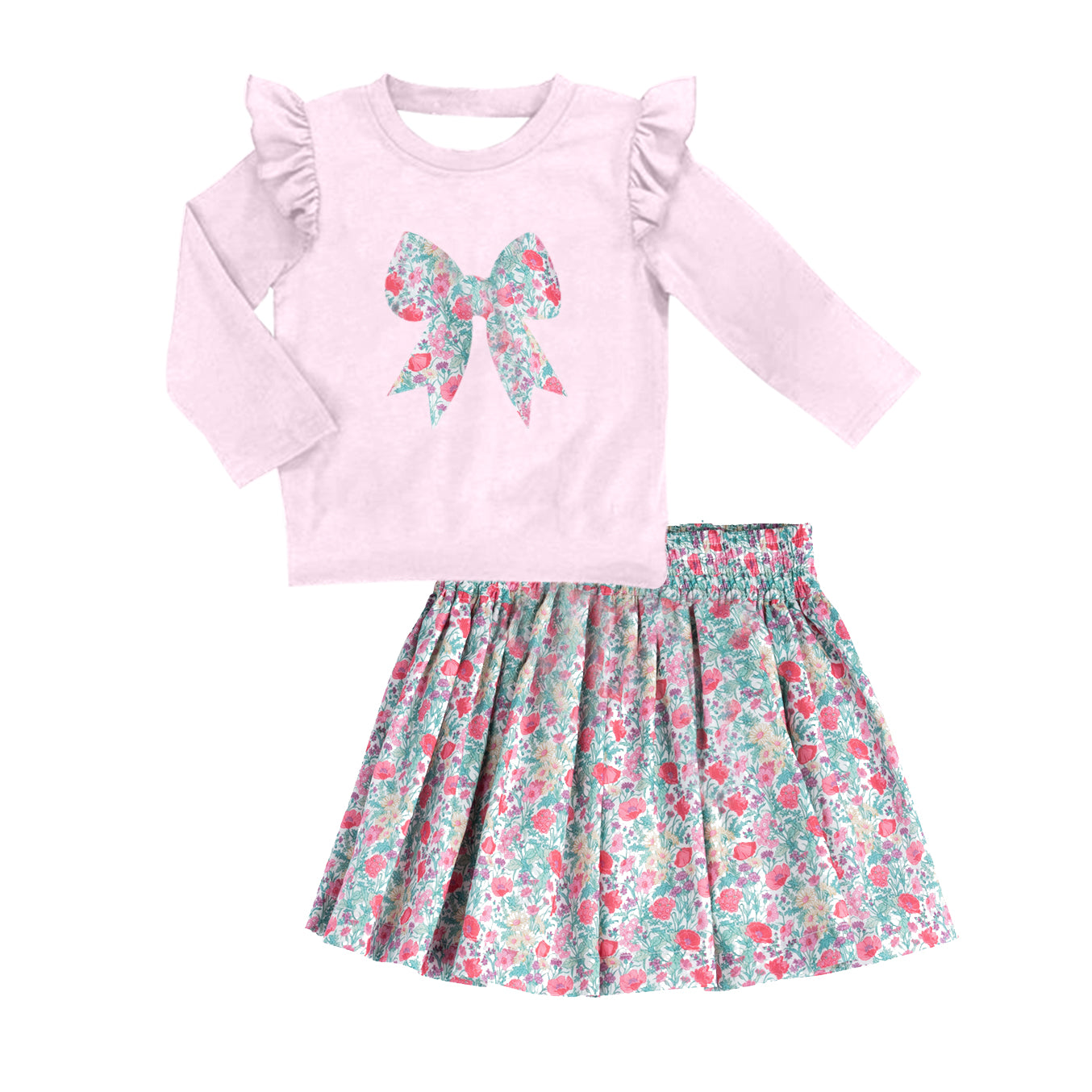 Baby Girls Fall Pink Bow Tee Flowers Skirt Clothes Sets Preorder – Aier Wholesale