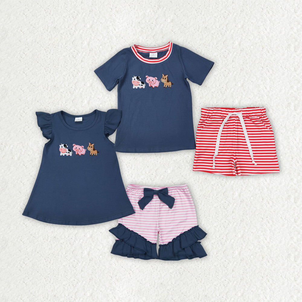 Sibling Embroidery Boys Baby Girls Blue Farm Animals Summer Outfits – Aier Wholesale