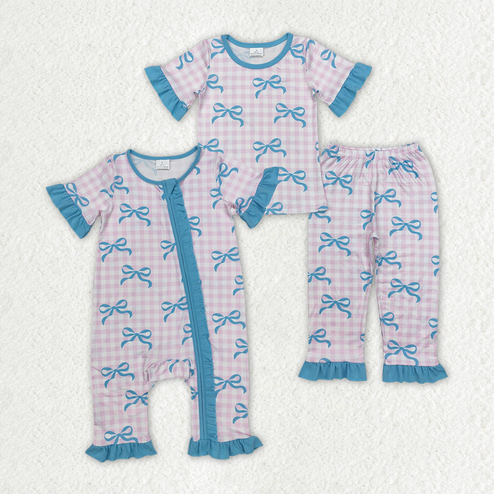 Sibling Baby Girls Pink Checkered Bows Rompers Pajamas Sets – Aier Wholesale