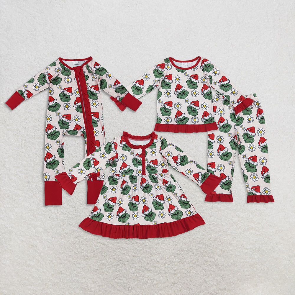 Sibling Baby Girls Christmas Green Face Daisy Pajamas Set Zipper Footi ...