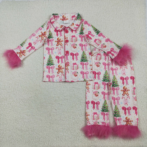 Mama and Me Pink Bows Santa Trees Button Top Pants Christmas Fur Pajam ...