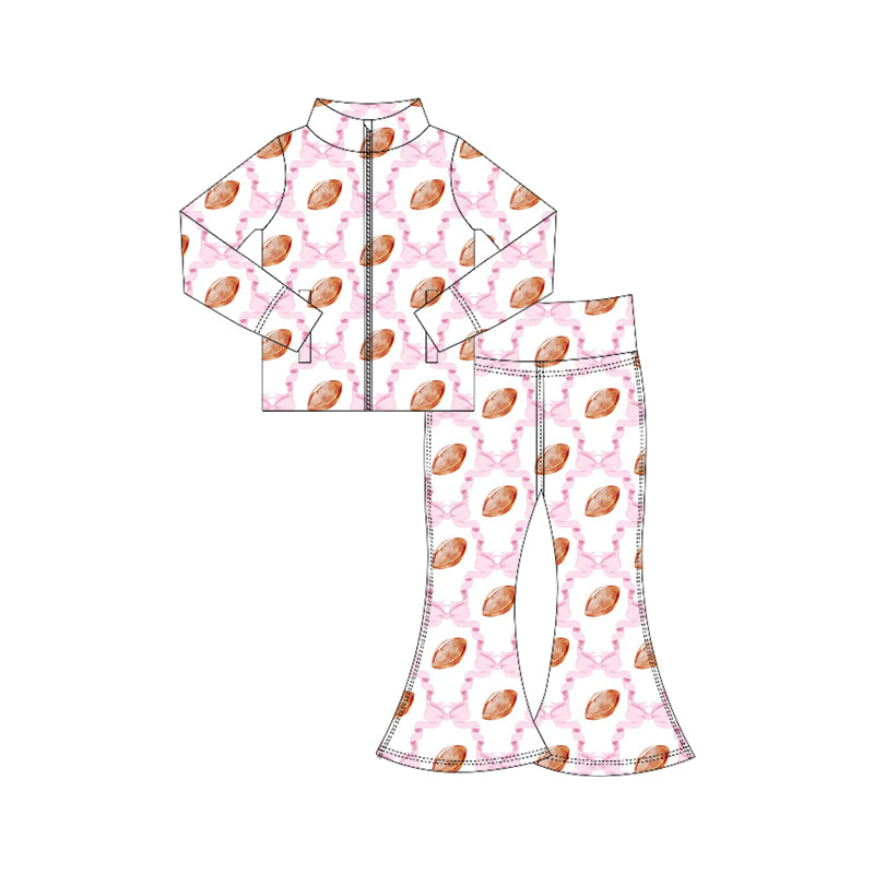 Baby Girls Pink Bow Footballs Pockets Zipper Top Bell Bottom Pant Set – Aier Wholesale