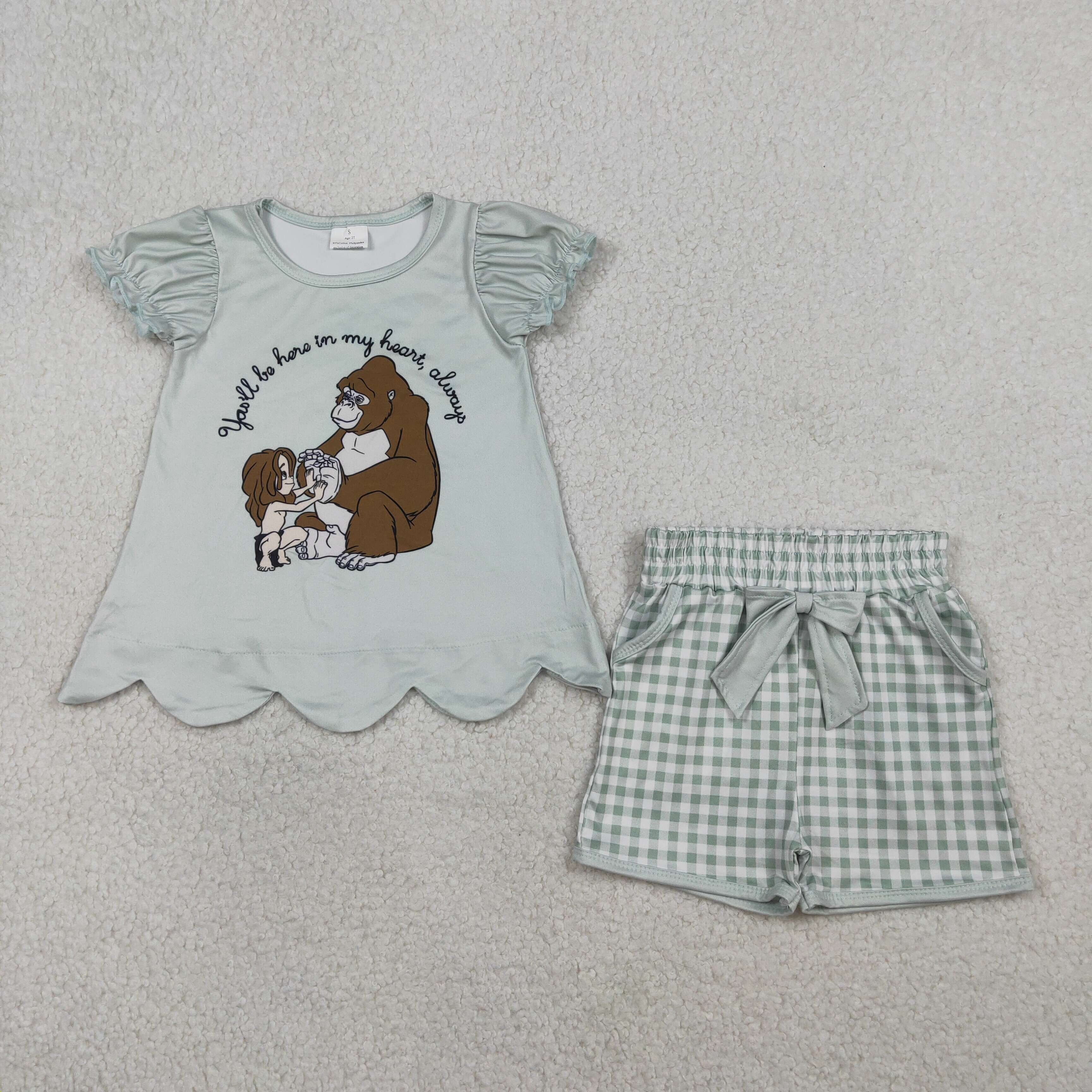 Baby Girls Cartoon Monkeys Scallop Tunic Checked Pockets Shorts Clothe ...