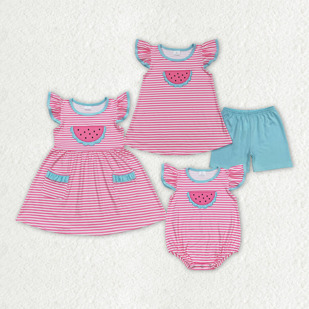 Baby Girls Pink Stripes Watermelon Summer Sibling Sister Clothes Sets – Aier Wholesale