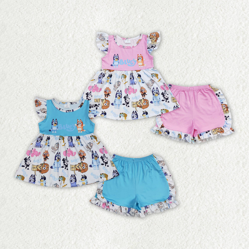 Baby Girls Blue Dog Sibling Sister Outfits Ruffle Shorts Clothes Sets – Aier Wholesale