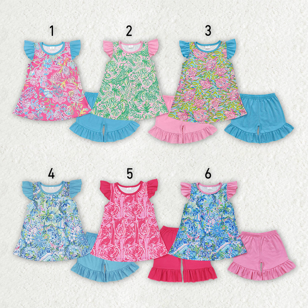 Sibling Baby Girls Sea Flowers Tunic Ruffle Shorts Outfits – Aier Wholesale