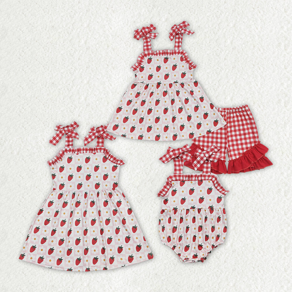 Baby Girls Strawberry Straps Sister Summer Sibling Clothes Sets – Aier Wholesale