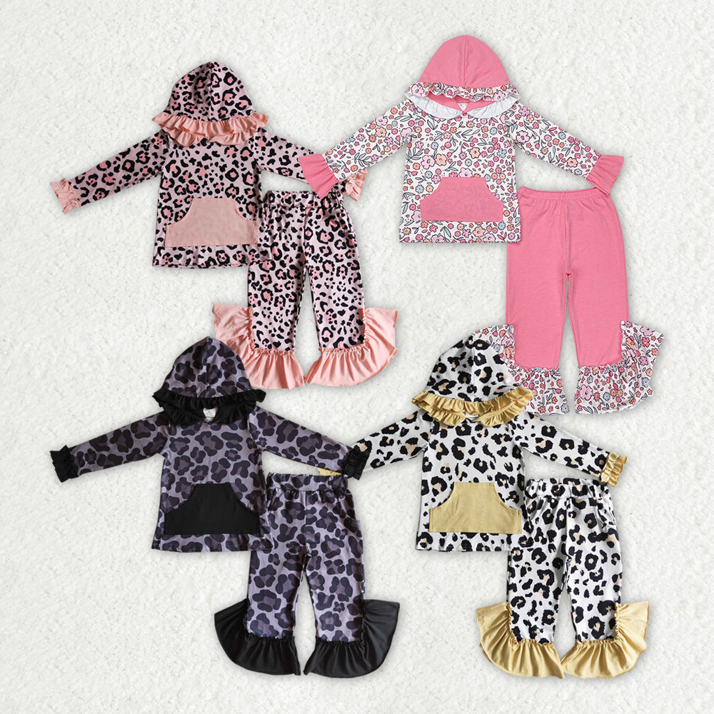 Sibling Baby Girls Leopard Spring Flowers Hooded Top Pants Clothes Set – Aier Wholesale