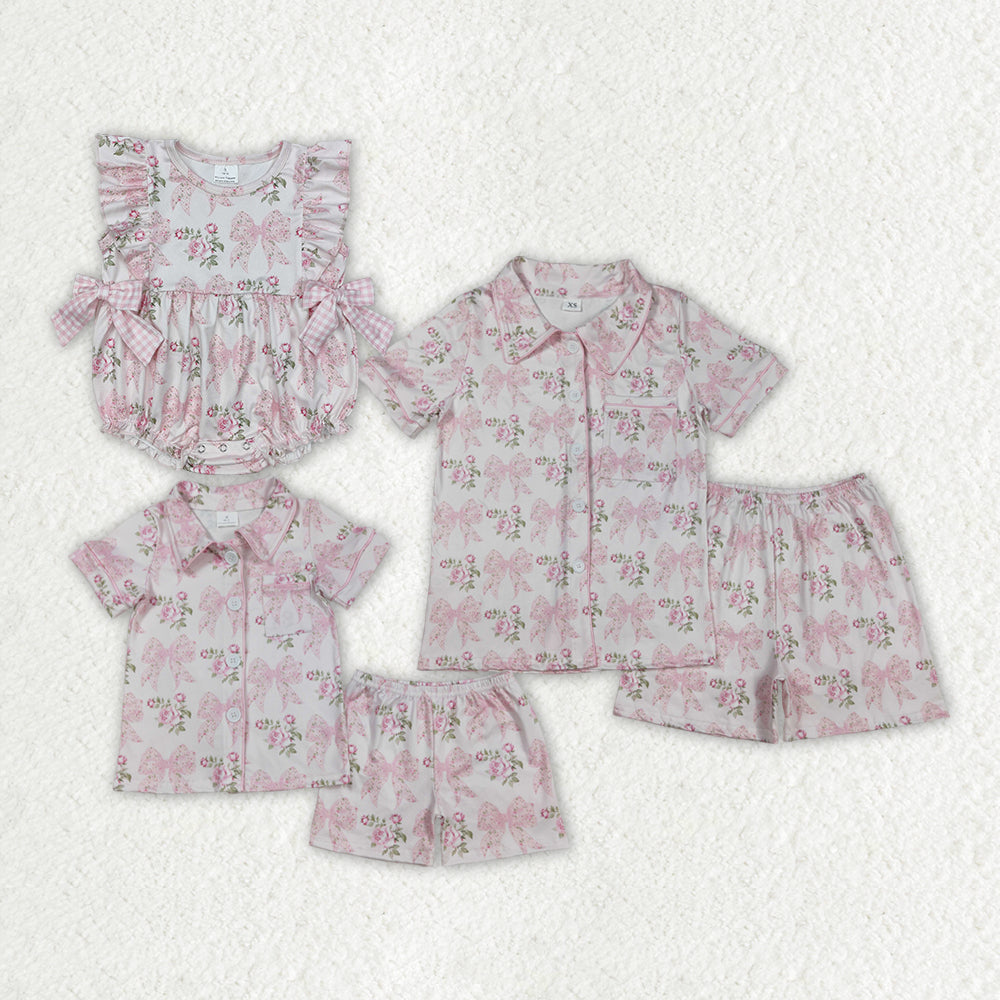 Family Women Baby Girls Pink Bows Flowers Rompers Pajamas Sets – Aier Wholesale