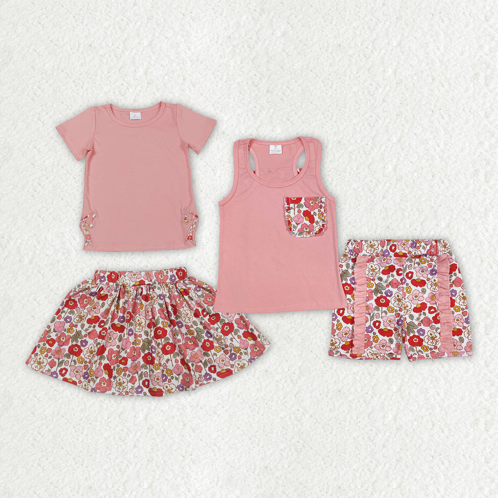Sibling Baby Girls Coral Flowers Skort Clothes Sets – Aier Wholesale