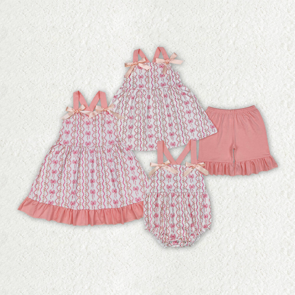 Sibling Baby Girls Pink Flowers Bows Rompers Dresses Outfits – Aier Wholesale