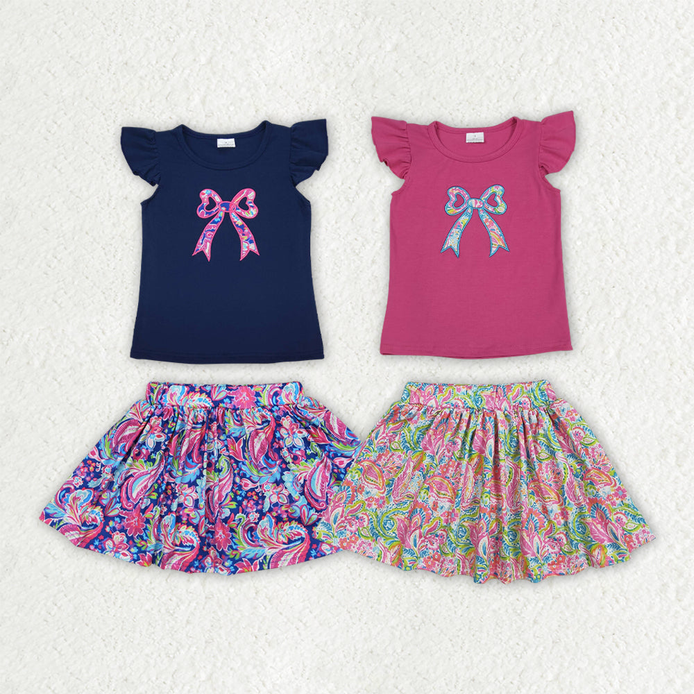 Sibling Embroidery Baby Girls Navy Bow Shirts Shorts Skirt Clothes Set – Aier Wholesale
