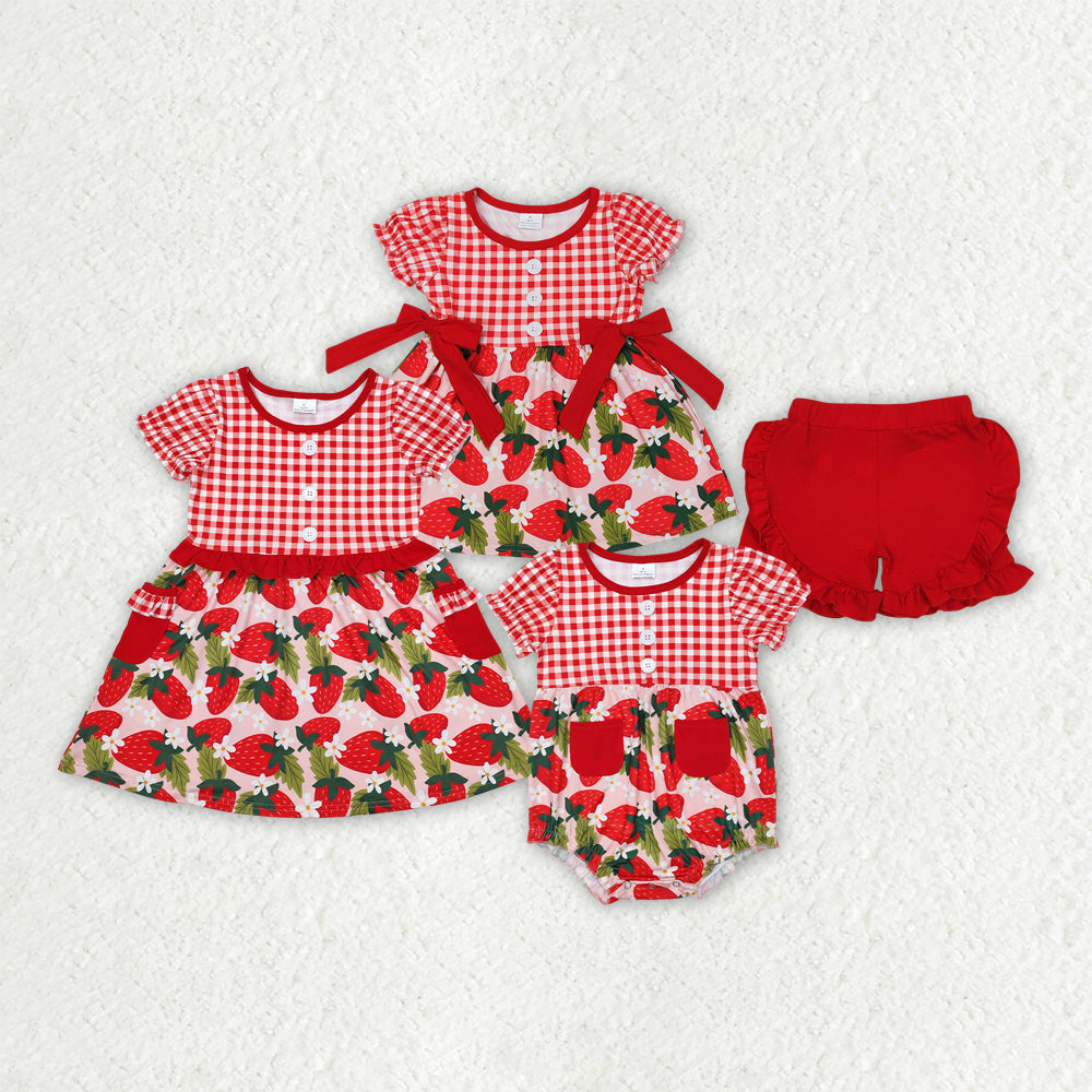 Sibling Baby Girls Red Checkered Strawberry Rompers Dresses Outfits – Aier Wholesale