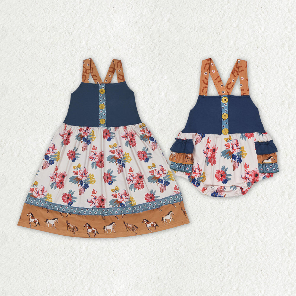 Baby Girls Western Horse Flowers Sibling Sister Rompers Dresses – Aier Wholesale