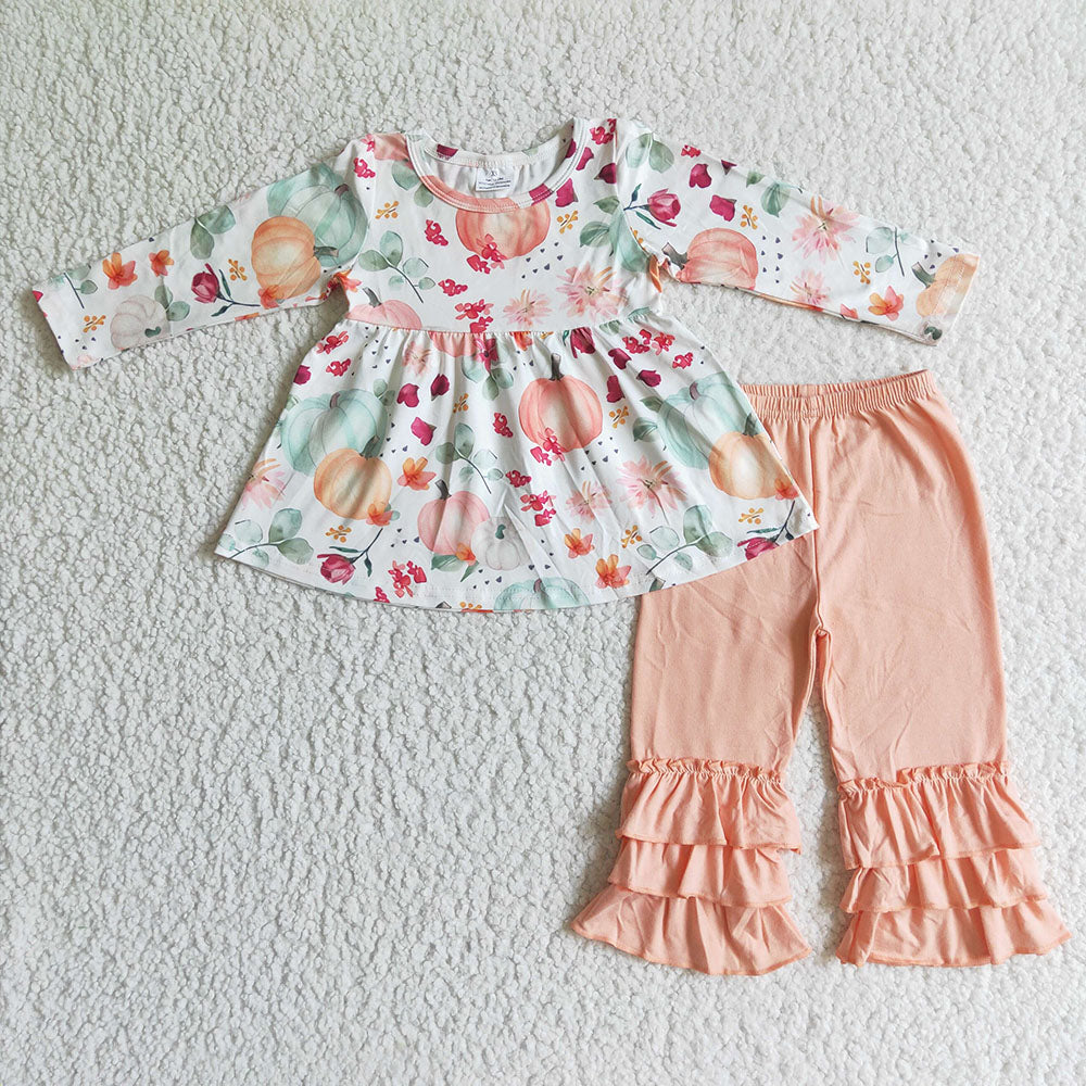 Baby girls orange pumpkin tunic ruffle pants clothes sets – Aier Wholesale