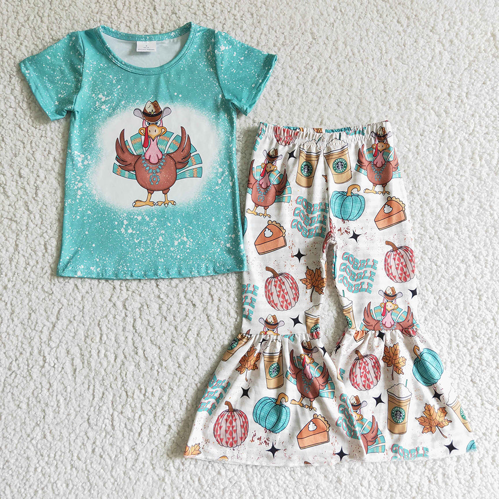 baby girls thanksgiving blue turkey bell bottom pants sets – Aier Wholesale